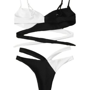 Lilosy Sexy Wrap Criss Cross Cutout Two Tone Color Block High Cut Leg Thong Brazilian Bikini Swimsuit Set Women Cheeky Bottom Tie Back Bathing Suit 2 Piece White and Black 2# Medium