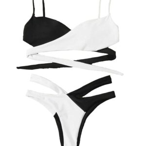 Lilosy Sexy Wrap Criss Cross Cutout Two Tone Color Block High Cut Leg Thong Brazilian Bikini Swimsuit Set Women Cheeky Bottom Tie Back Bathing Suit 2 Piece White and Black 2# Medium