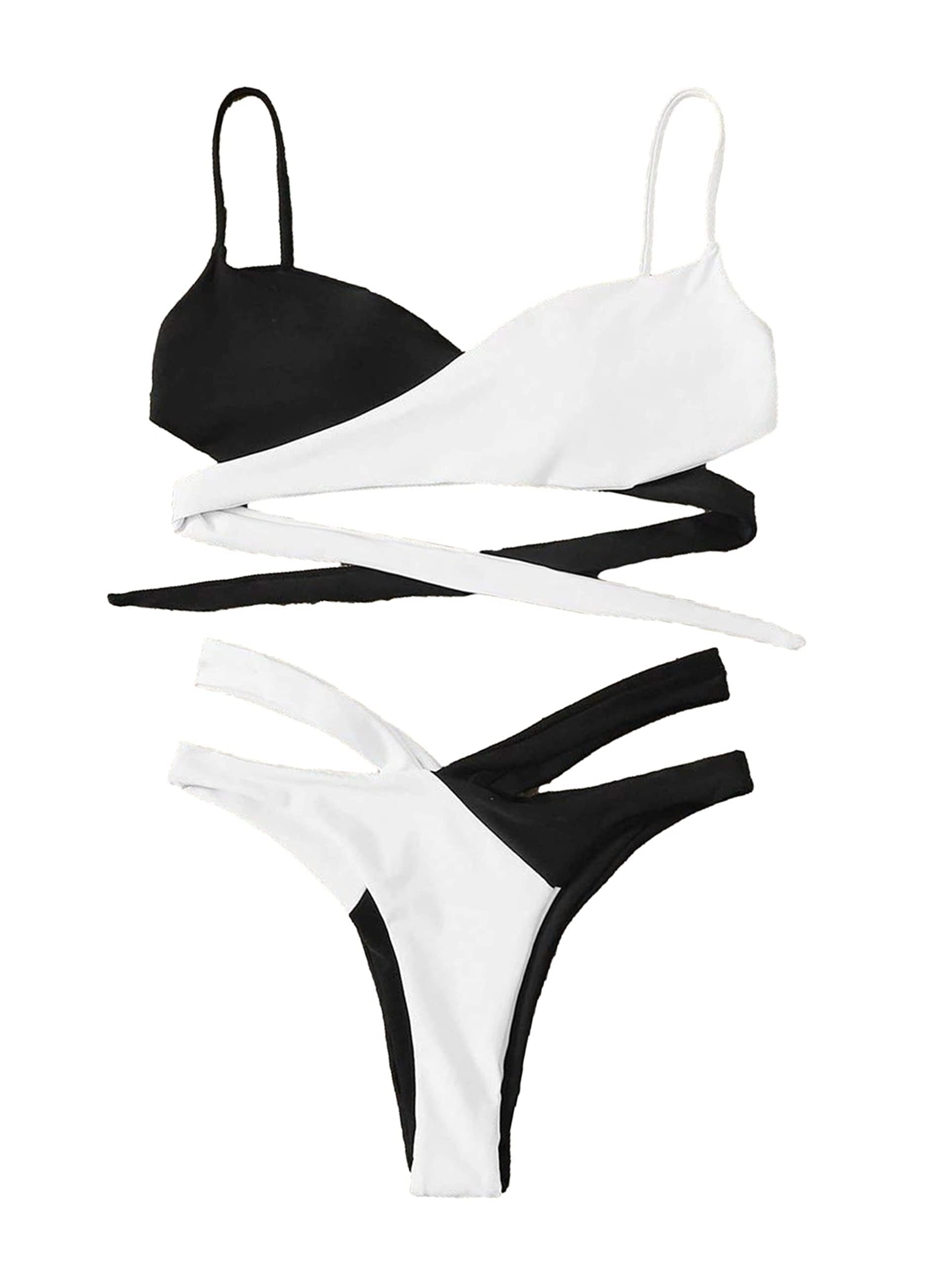 Lilosy Sexy Wrap Criss Cross Cutout Two Tone Color Block High Cut Leg Thong Brazilian Bikini Swimsuit Set Women Cheeky Bottom Tie Back Bathing Suit 2 Piece White and Black 2# Medium