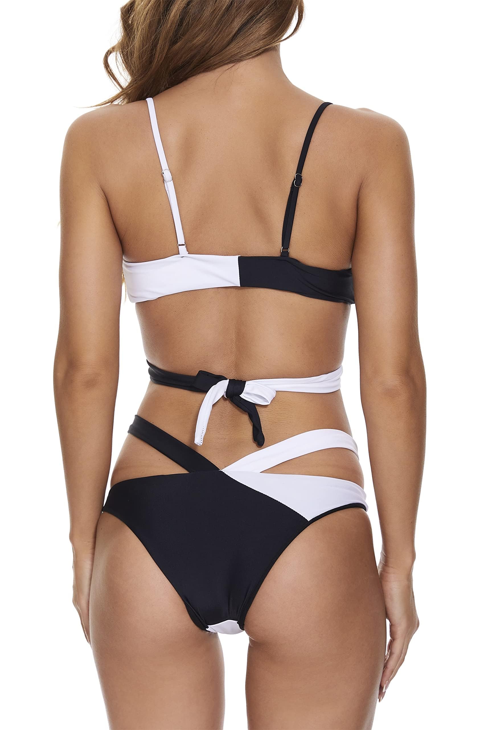 Lilosy Sexy Wrap Criss Cross Cutout Two Tone Color Block High Cut Leg Thong Brazilian Bikini Swimsuit Set Women Cheeky Bottom Tie Back Bathing Suit 2 Piece White and Black 2# Medium