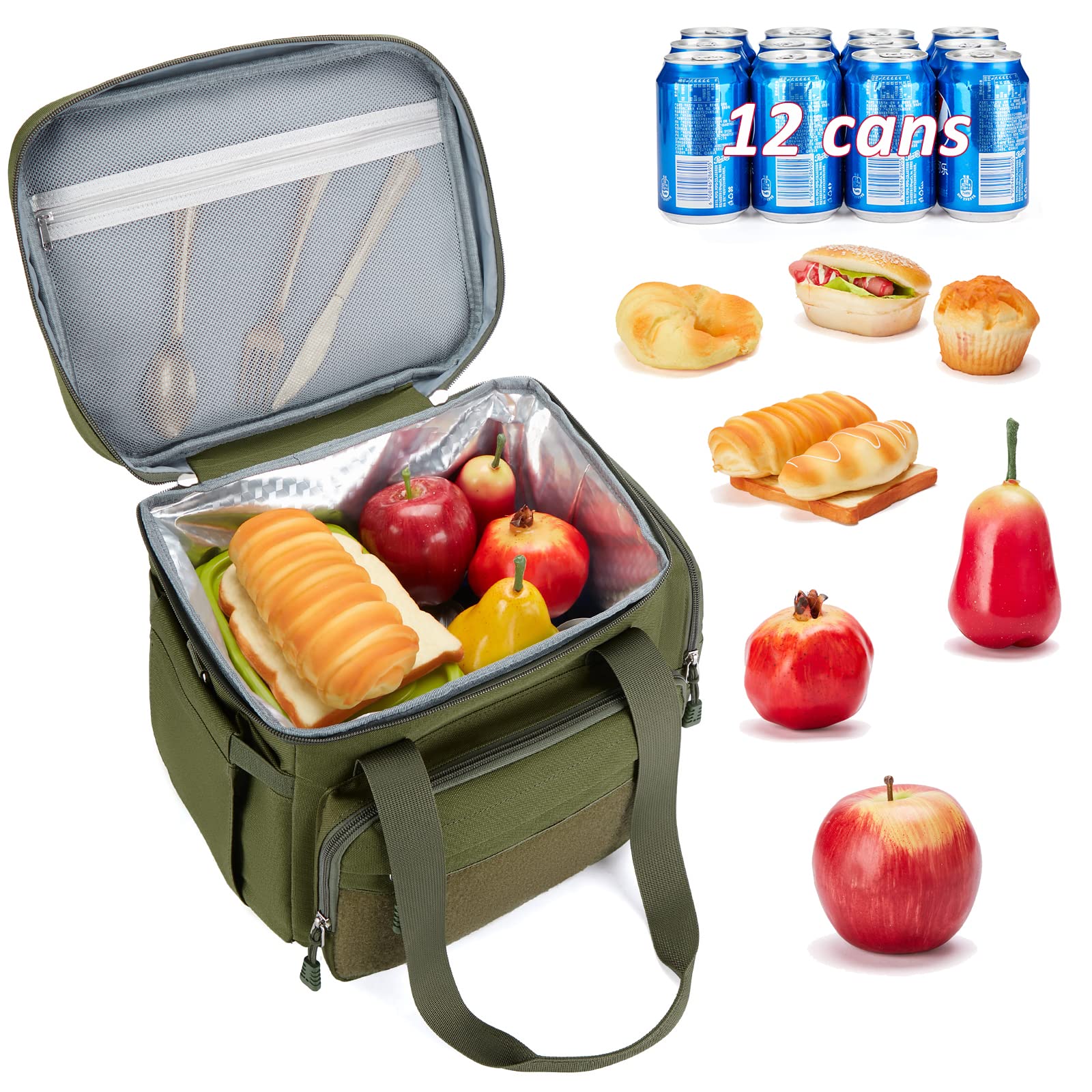 Gafetrey 20L Lunch Box for Men Lunch Bag Women Large Tactical Lunch Cooler Tote Pail,Reusable Insulated Waterproof Adult Driver Worker Fit on Beach Picnic Travel Working Office Gift Outdoor Green