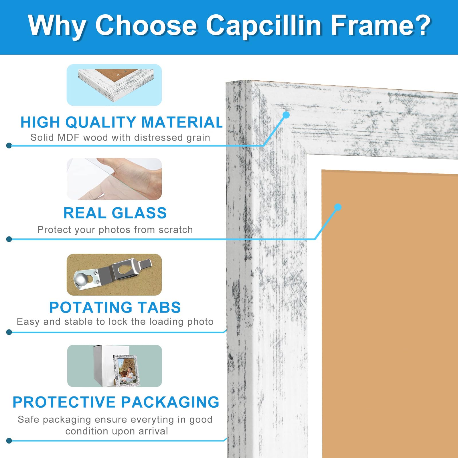 Capcillin 11x14 Picture Frame Wood Set of 2 with Glass, Display Pictures 11x14 Without Mat or 8x10 Photos with Mat, Wall Gallery Photo Frames, Tabletop Display and Wall Mounting, Distressed White