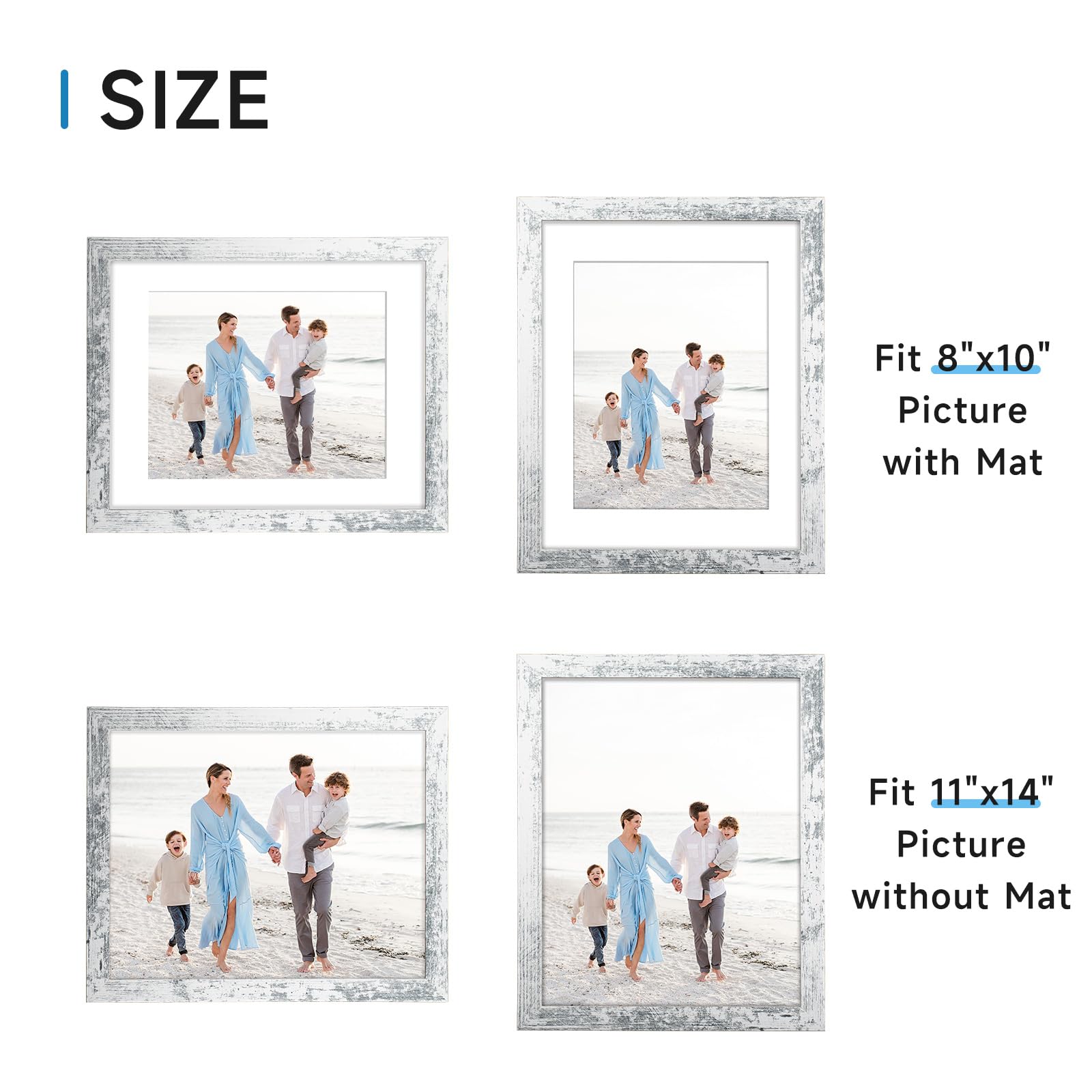 Capcillin 11x14 Picture Frame Wood Set of 2 with Glass, Display Pictures 11x14 Without Mat or 8x10 Photos with Mat, Wall Gallery Photo Frames, Tabletop Display and Wall Mounting, Distressed White