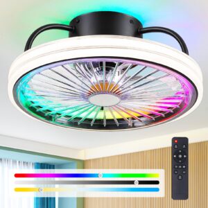 low profile ceiling fan with light - modern flush mount ceiling fan,15" rgb dimmable led enclosed ceiling fans,modern bladeless led-rgb ambient light for bedroom kids room party（black）