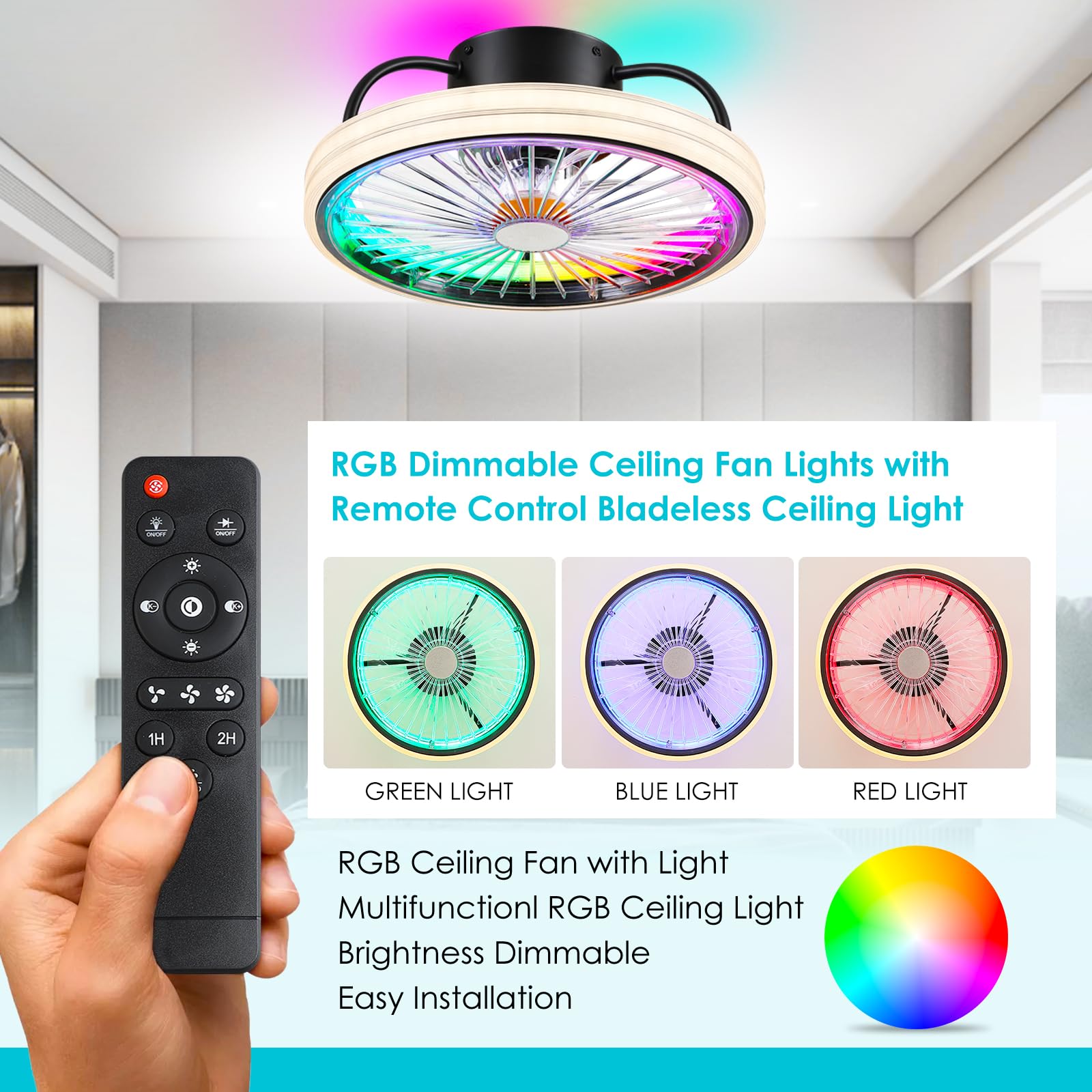 Low Profile Ceiling Fan with Light - Modern Flush Mount Ceiling Fan,15" RGB Dimmable LED Enclosed Ceiling Fans,Modern Bladeless LED-RGB Ambient Light for Bedroom Kids Room Party（Black）