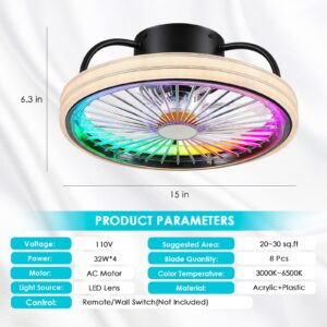 Low Profile Ceiling Fan with Light - Modern Flush Mount Ceiling Fan,15" RGB Dimmable LED Enclosed Ceiling Fans,Modern Bladeless LED-RGB Ambient Light for Bedroom Kids Room Party（Black）