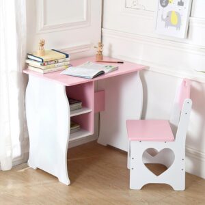 ocinone kids desk and chair set, children study desk with storage shelf, wooden school study table, writing table for home school use(pink white)