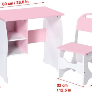 ocinone Kids Desk and Chair Set, Children Study Desk with Storage Shelf, Wooden School Study Table, Writing Table for Home School Use(pink white)