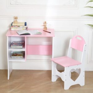 ocinone Kids Desk and Chair Set, Children Study Desk with Storage Shelf, Wooden School Study Table, Writing Table for Home School Use(pink white)