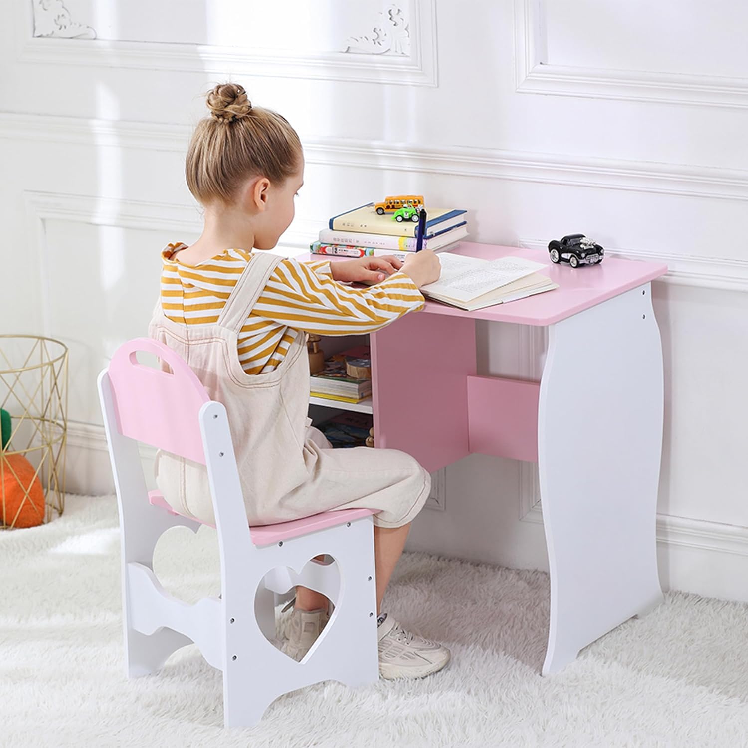 ocinone Kids Desk and Chair Set, Children Study Desk with Storage Shelf, Wooden School Study Table, Writing Table for Home School Use(pink white)