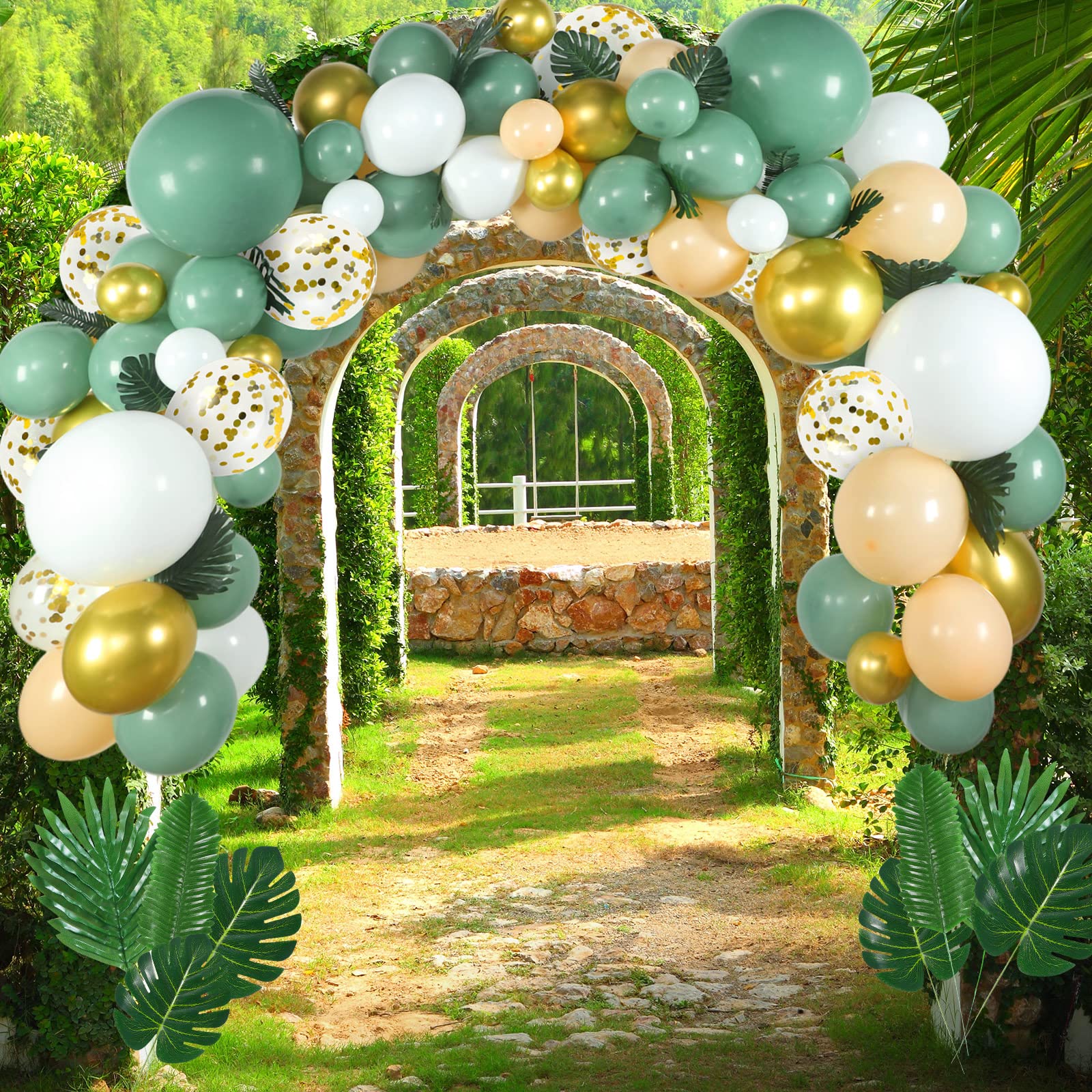 Libima 117 Pcs Jungle Party Decorations Balloon Garland Arch Kit with 48 Pcs 7 Kinds Artificial Palm Leaves Tropical Fake Leaves, Monstera Leaves for Baby Shower Safari Birthday Wedding Decoration