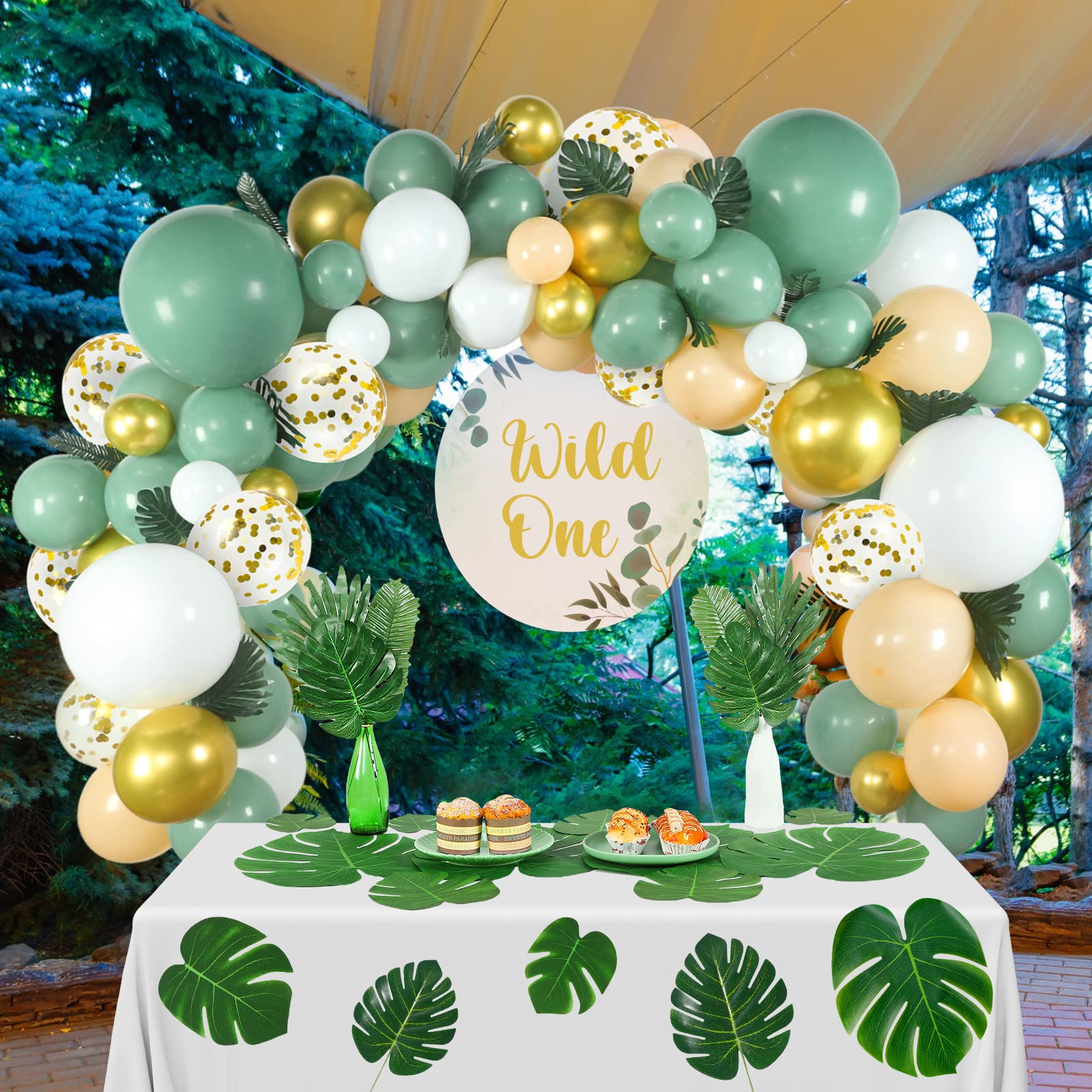 Libima 117 Pcs Jungle Party Decorations Balloon Garland Arch Kit with 48 Pcs 7 Kinds Artificial Palm Leaves Tropical Fake Leaves, Monstera Leaves for Baby Shower Safari Birthday Wedding Decoration