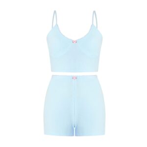 RUEWEY Women Floral Pajama Set Spaghetti Strap Lace Cami Crop Tops and Shorts Knit Lounge Set 2 Piece Outfits (A-Blue, S)