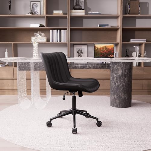 YOUNIKE Office Chair Swivel Desk Chair Upholstered Faux Leather Height Adjustable with Wheels Computer Task Chair Modern Rolling Armless Back, Black, Loads 300 lbs