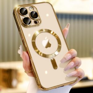 waldeng for iphone 13 pro max case with integrated camera lens protection, [seamless work with magsafe] [metallic glossy soft bumper], diamond clear stylish case for iphone 13 pro max 6.7", royal gold