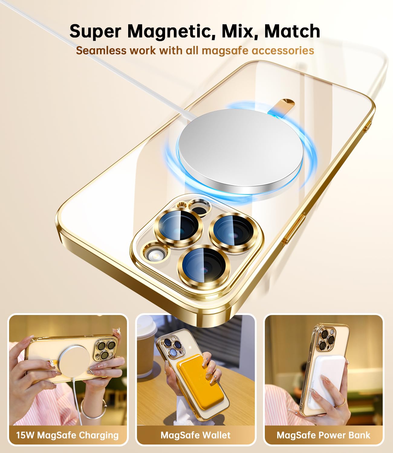 Waldeng for iPhone 13 Pro Max Case with Integrated Camera Lens Protection, [Seamless Work with Magsafe] [Metallic Glossy Soft Bumper], Diamond Clear Stylish Case for iPhone 13 Pro Max 6.7", Royal Gold