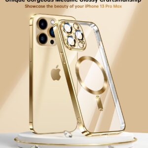 Waldeng for iPhone 13 Pro Max Case with Integrated Camera Lens Protection, [Seamless Work with Magsafe] [Metallic Glossy Soft Bumper], Diamond Clear Stylish Case for iPhone 13 Pro Max 6.7", Royal Gold