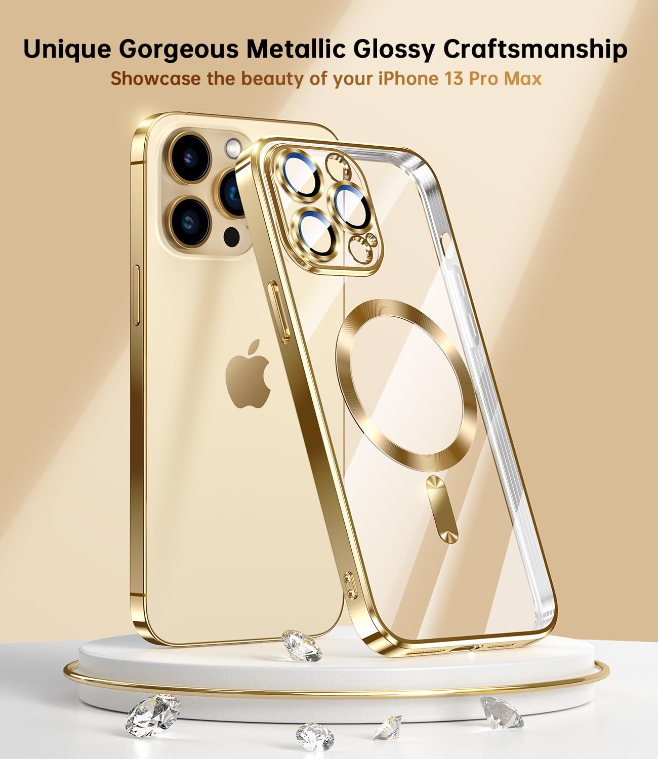 Waldeng for iPhone 13 Pro Max Case with Integrated Camera Lens Protection, [Seamless Work with Magsafe] [Metallic Glossy Soft Bumper], Diamond Clear Stylish Case for iPhone 13 Pro Max 6.7", Royal Gold