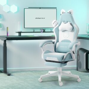 Dowinx Gaming Chair Cute with Cat Ears and Massage Lumbar Support, Ergonomic Computer Chair for Girl with Footrest and Headrest, Comfortable Reclining Game Chair 290lbs for Adult, Teen, Blue Green