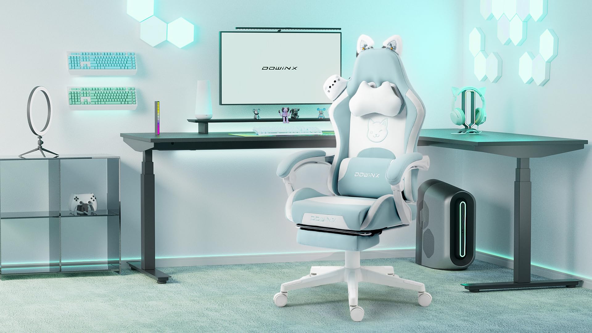 Dowinx Gaming Chair Cute with Cat Ears and Massage Lumbar Support, Ergonomic Computer Chair for Girl with Footrest and Headrest, Comfortable Reclining Game Chair 290lbs for Adult, Teen, Blue Green