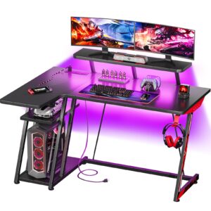 motpk l shaped gaming desk with led lights & power outlets, gaming computer desk 47inch with storage shelf, corner desk with carbon fiber texture, gamer desk gaming table, black