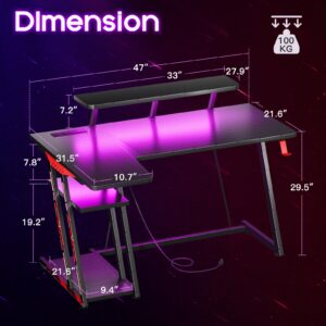 MOTPK L Shaped Gaming Desk with LED Lights & Power Outlets, Gaming Computer Desk 47inch with Storage Shelf, Corner Desk with Carbon Fiber Texture, Gamer Desk Gaming Table, Black