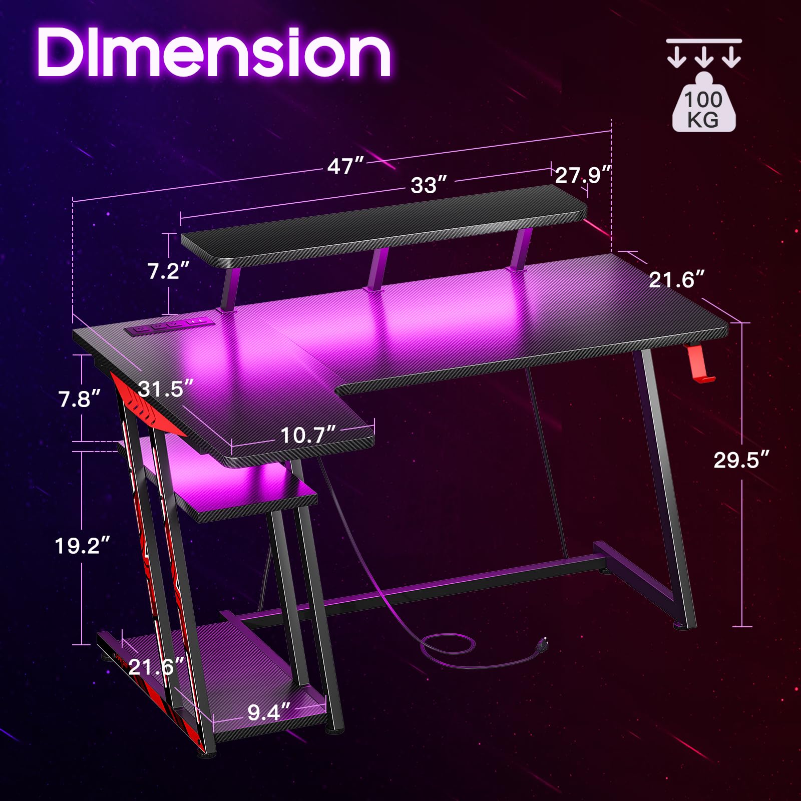 MOTPK L Shaped Gaming Desk with LED Lights & Power Outlets, Gaming Computer Desk 47inch with Storage Shelf, Corner Desk with Carbon Fiber Texture, Gamer Desk Gaming Table, Black