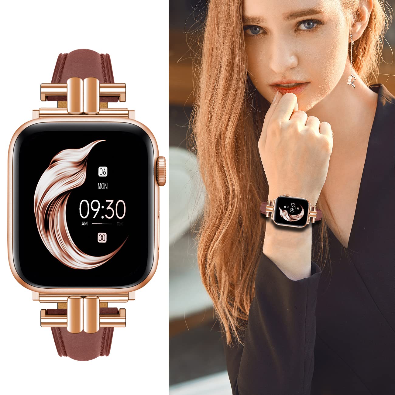 Juntan Compatible for Apple Watch Women 38mm 40mm 41mm Band, Leather Slim Band for iWatch Ultra 2 Genuine Chestnut Leather I-Shape Watch Strap Bracelet for iWatch Series 9 8 7 6 5 4 3 2 1 SE