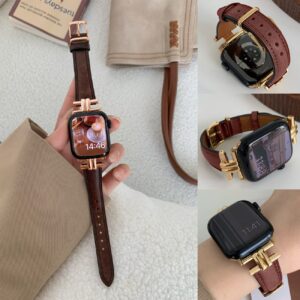 Juntan Compatible for Apple Watch Women 38mm 40mm 41mm Band, Leather Slim Band for iWatch Ultra 2 Genuine Chestnut Leather I-Shape Watch Strap Bracelet for iWatch Series 9 8 7 6 5 4 3 2 1 SE