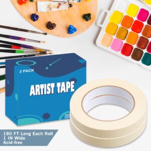 2 Pack White Artist Tape, Art Masking Artist Tape for Watercolor Painting Drafting Canvas Framing, Acid Free Low Tack Masking Tape 1 Inch Wide 360FT Long Total