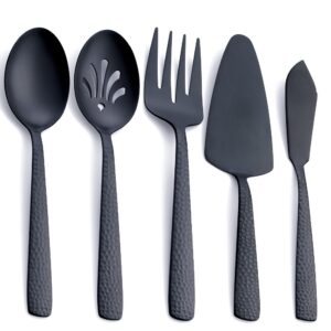 matte black large serving utensil set, fullyware stainless steel large hostess serving set, include serving spoon, slotted serving spoon, serving fork, pie server and butter knife, 5-piece