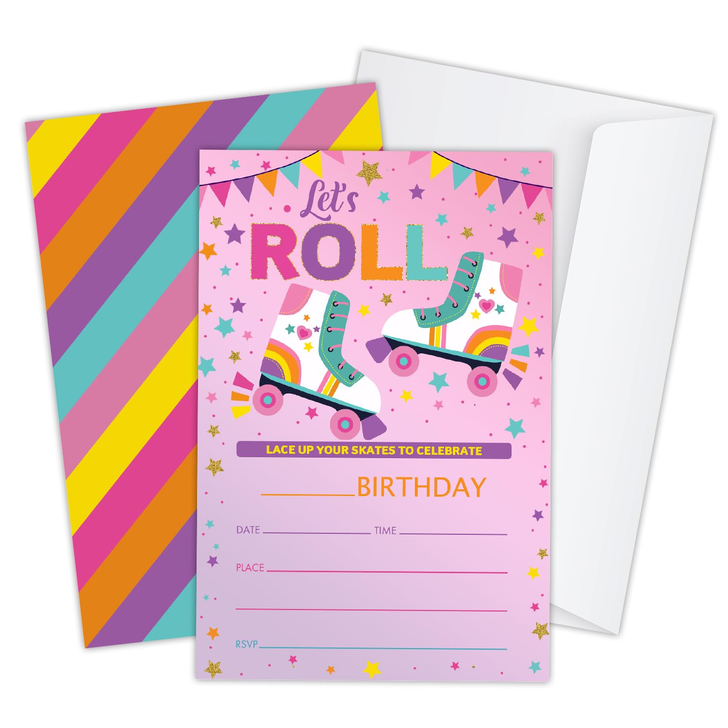 Roller Skating Children Birthday Party Invitations, Roller Skate Invites for Girls Boys Kids Teen, Kid's Party Favors Decoration and Celebration Supplies, 20 Invitations with Envelopes - JY626