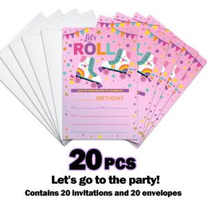 Roller Skating Children Birthday Party Invitations, Roller Skate Invites for Girls Boys Kids Teen, Kid's Party Favors Decoration and Celebration Supplies, 20 Invitations with Envelopes - JY626