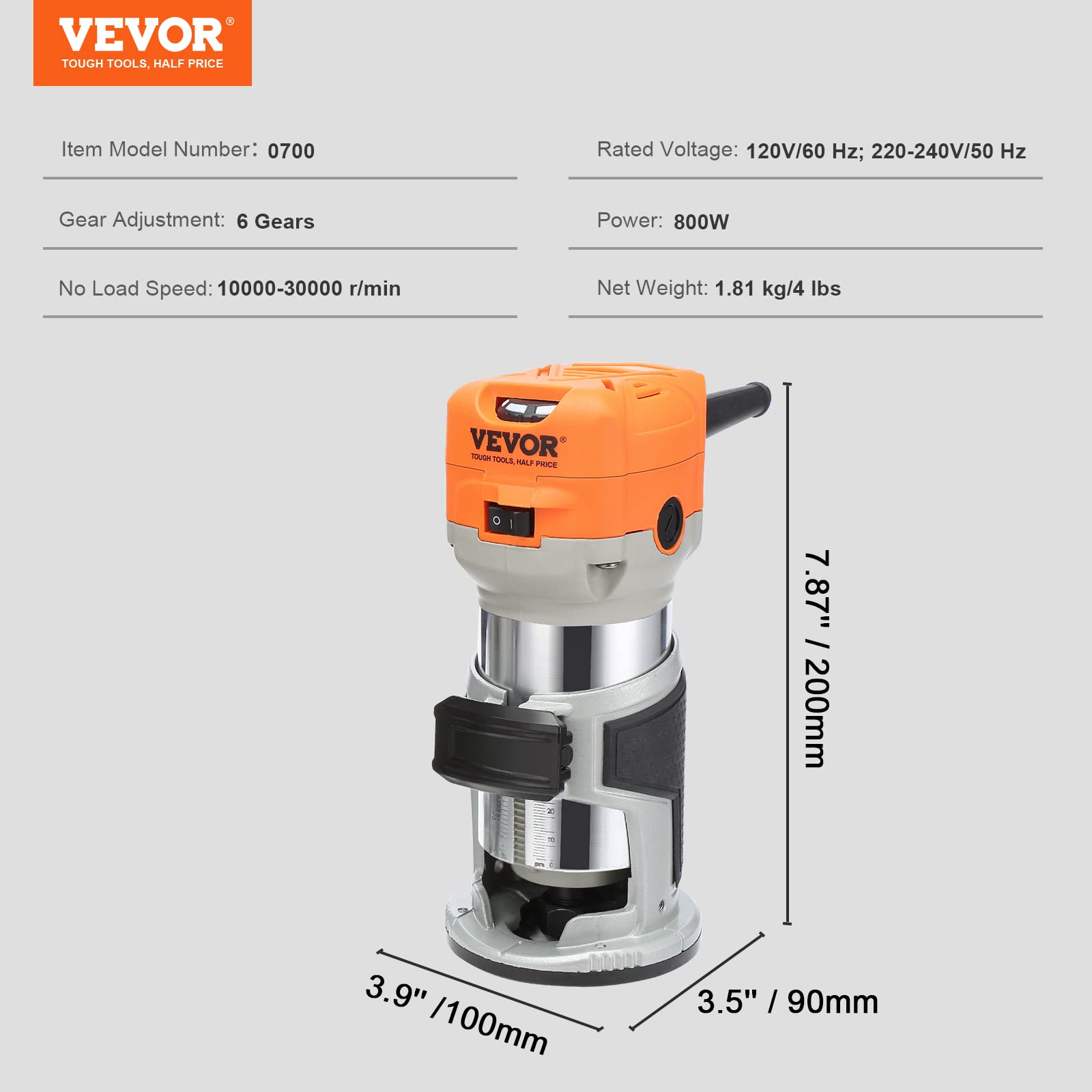 VEVOR Wood Router, 1.25HP 800W, Compact Wood Trimmer Router Tool, 30000RPM Max Speed 6 Variable Speeds, with 1/4'' & 5/16'' Collets 12 PCs Milling Cutters Dust Hood, for Woodworking Slotting Trimming