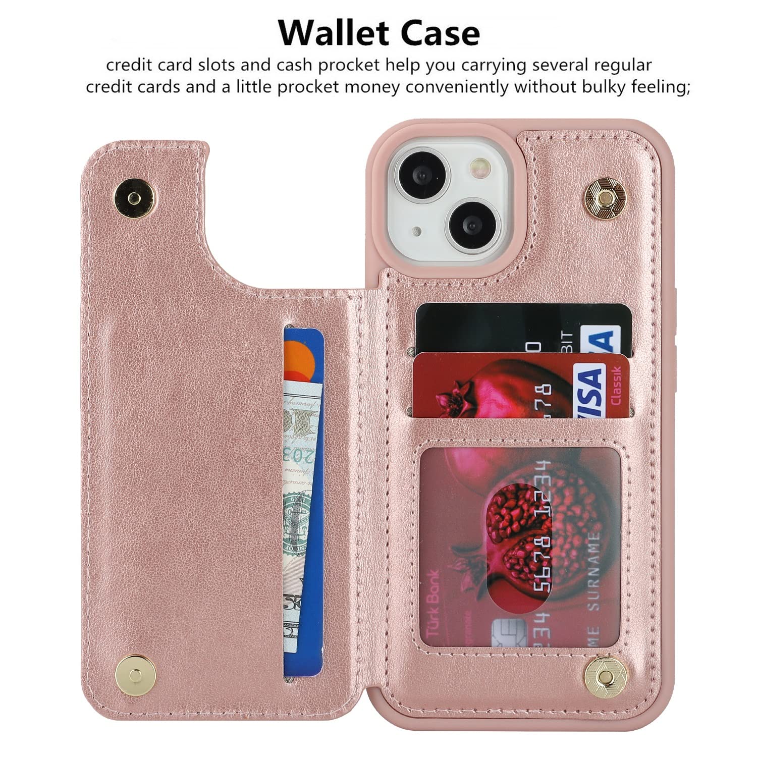 iCoverCase for iPhone 13 Case with Card Holder, iPhone 13 Wallet Case for Women Men [RFID Blocking] PU Leather Protective Wallet Phone Case for iPhone 13 6.1 Inch (Rose Gold)