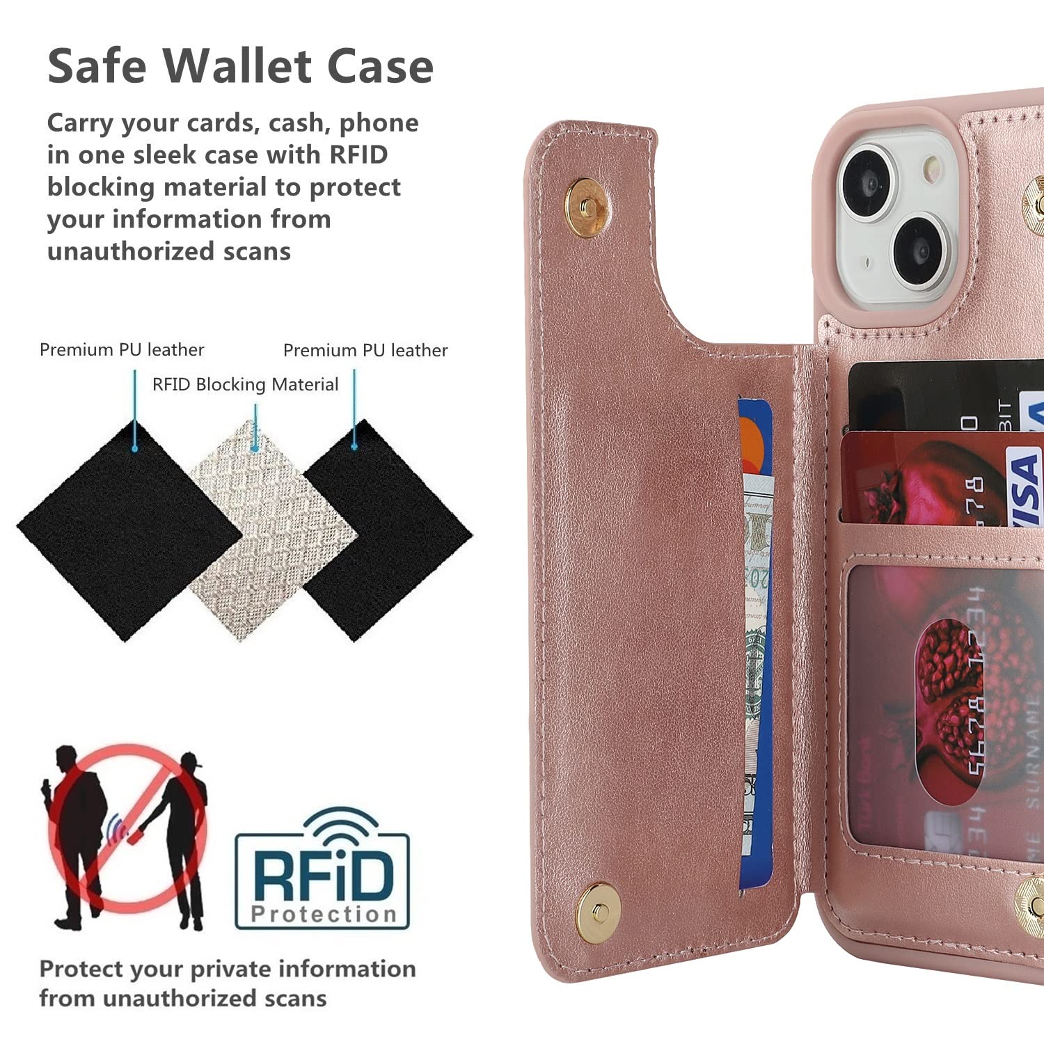 iCoverCase for iPhone 13 Case with Card Holder, iPhone 13 Wallet Case for Women Men [RFID Blocking] PU Leather Protective Wallet Phone Case for iPhone 13 6.1 Inch (Rose Gold)