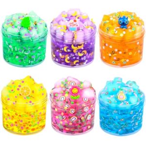 6 pack jelly cube crunchy slime kit, with yellow, pink, purple, green & blue clear crunchy slime, super soft sludge toy with cute charms, party favors slime for girls and boys