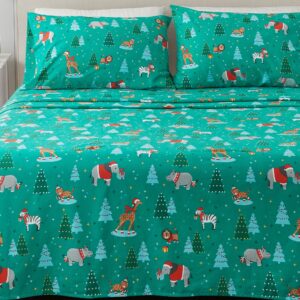 great bay home 3 piece 100% turkish cotton twin christmas flannel sheet set | kids holiday printed bedding sheets & pillowcases | double-brushed flannel bed sheets (twin, safari animal christmas)