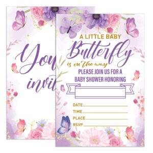 udnadkex baby shower invitations for girl butterfly purple with envelopes, invites for baby showers party floral, a little baby butterfly is on the way, 4"x6" set of 20