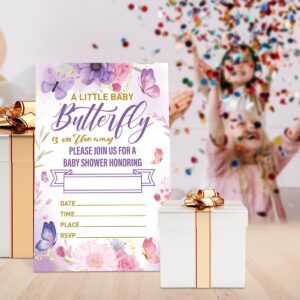 UDNADKEX Baby Shower Invitations for Girl Butterfly Purple with Envelopes, Invites for Baby Showers Party Floral, A Little Baby Butterfly Is on The Way, 4"x6" Set of 20