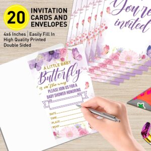 UDNADKEX Baby Shower Invitations for Girl Butterfly Purple with Envelopes, Invites for Baby Showers Party Floral, A Little Baby Butterfly Is on The Way, 4"x6" Set of 20