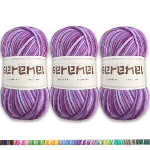 3 pcs pack with 5-ply acrylic yarn, 3 balls of 4.8oz/135g soft 3mm medium thick colorful yarn for crocheting knitting, 260 yds/240m crochet blanket、braids/diy (purple white)