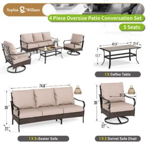 Sophia & William Extra Large Outdoor Patio Furniture Set 4 PCS Metal Patio Conversation Sets with High Back & Deep Seating, 3-Seat Sofa, 2 Swivel Sofa Chairs, 1 Coffee Table, 5.5" Thicken Cushions