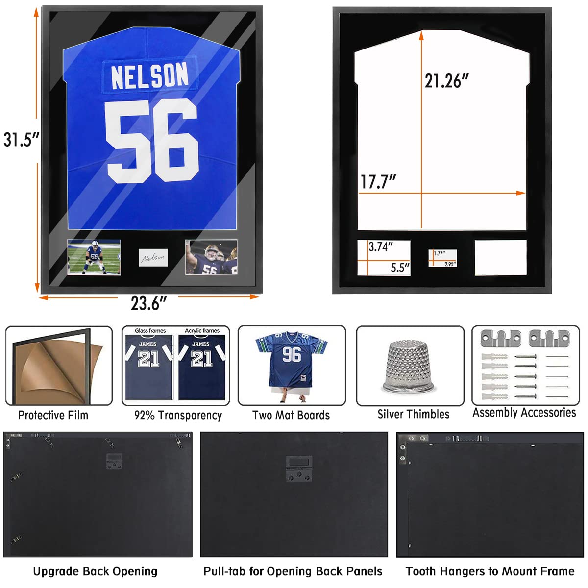 Snail 32"x24" Jersey Frame Display Case Wooden Wall Mounted Shadow Box for Baseball Basketball Football Soccer Hockey Sport Shirt, Plus Displaying Two Idol's Photos and One Signature, Black Finish