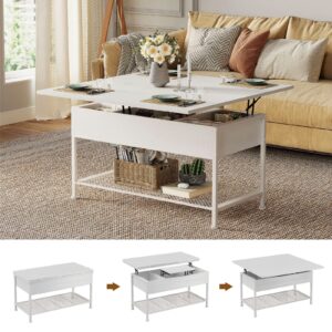 cosimates lift top coffee table ，4 in 1 multi-function coffee table with hidden compartment ，convertible dining table for living room reception,home office, white