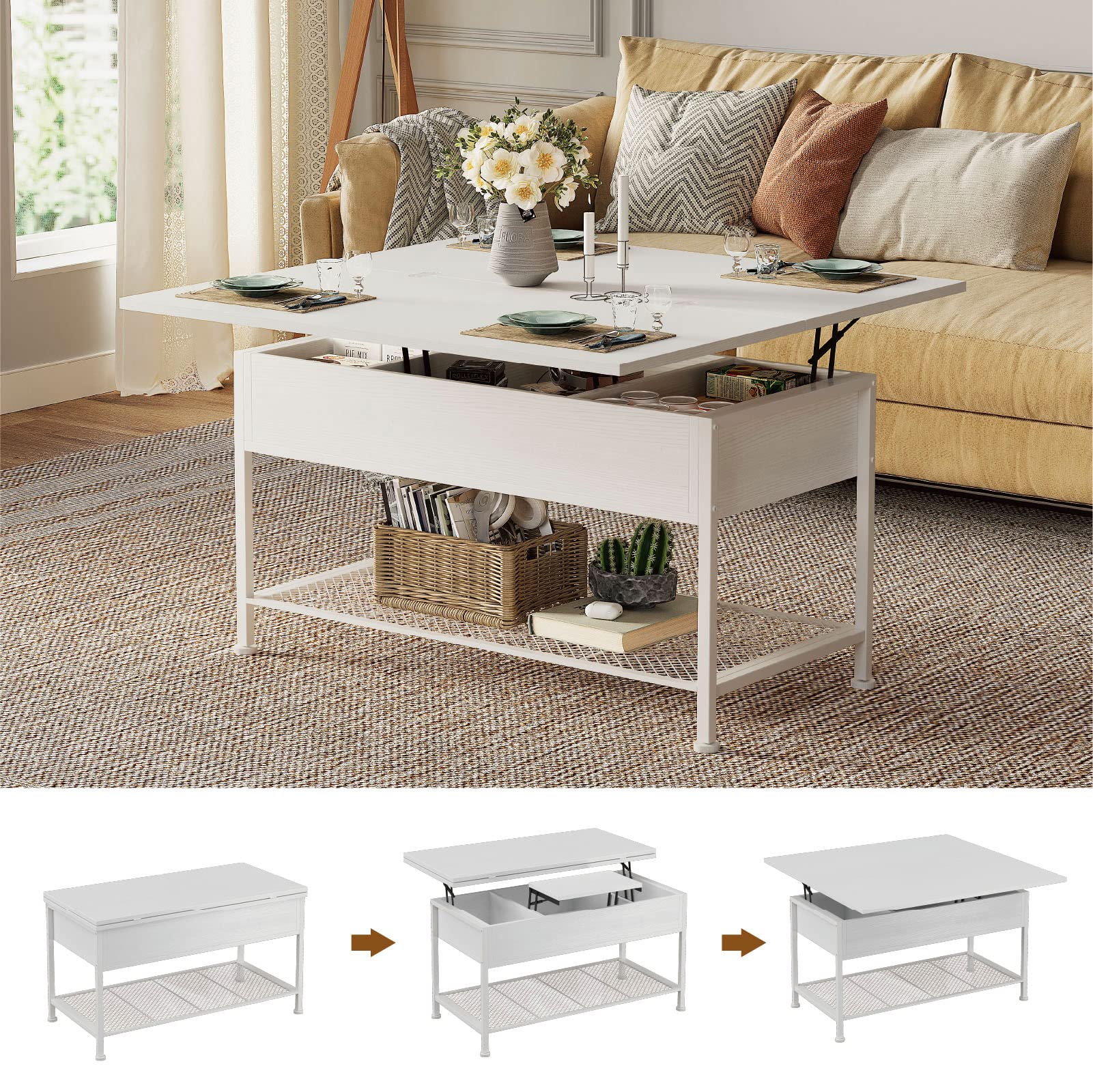 cosimates Lift Top Coffee Table ，4 in 1 Multi-Function Coffee Table with Hidden Compartment ，Convertible Dining Table for Living Room Reception,Home Office, White