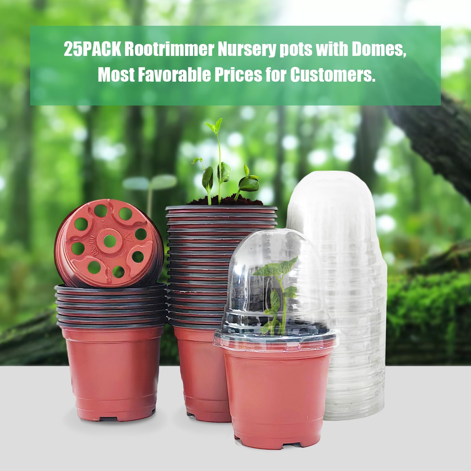 RooTrimmer Plant Nursery Pots with Humidity Domes, 25 Sets 4 Inch Soft Nursery Pots Quality Ones (25 Red Pots + 25 Clear Lids), Seeds Starter Pots Small Planter Containers