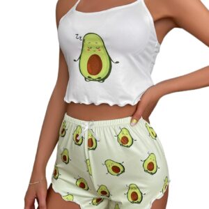 SHENHE Women's Cute Cartoon Print Crop Cami Top and Shorts 2 Piece Summer Pajama Set Avocado Green White S