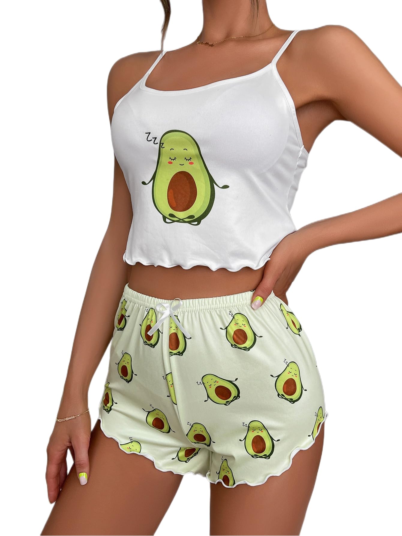 SHENHE Women's Cute Cartoon Print Crop Cami Top and Shorts 2 Piece Summer Pajama Set Avocado Green White S