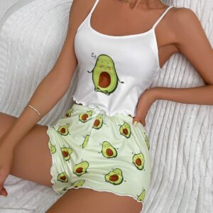 SHENHE Women's Cute Cartoon Print Crop Cami Top and Shorts 2 Piece Summer Pajama Set Avocado Green White S